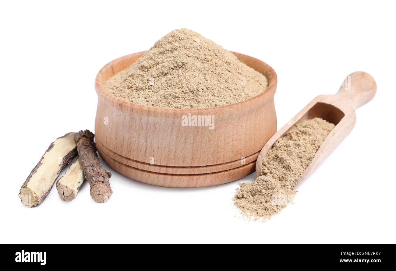 Dried sticks of liquorice root and powder on white background Stock ...
