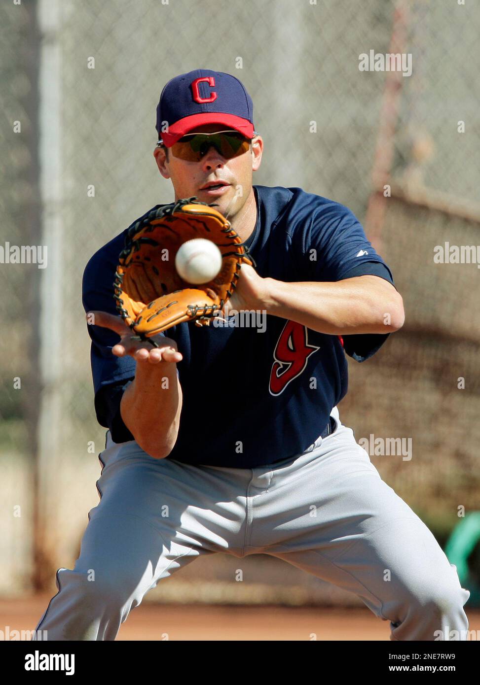 Cleveland Indians second baseman Mark Grudzielanek covers first base on ...