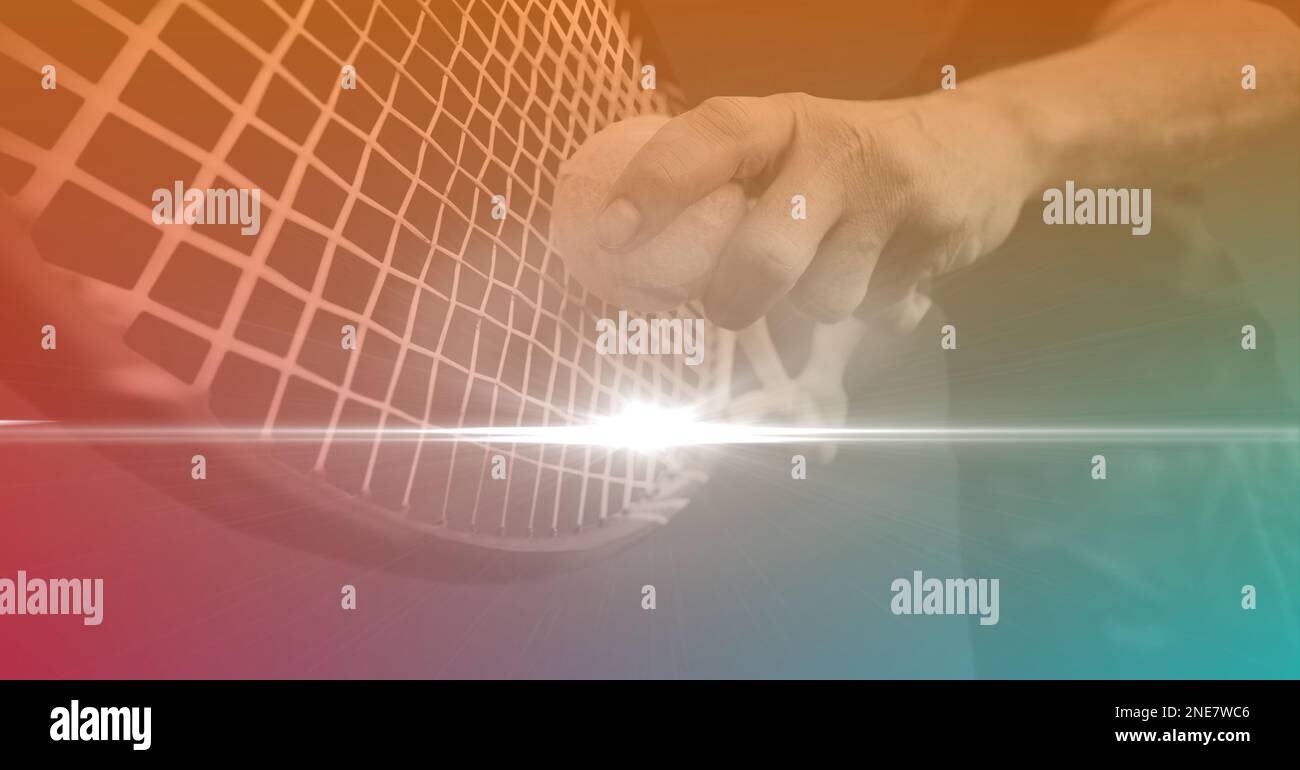 Composition of midsection of tennis player holding ball and tennis ...