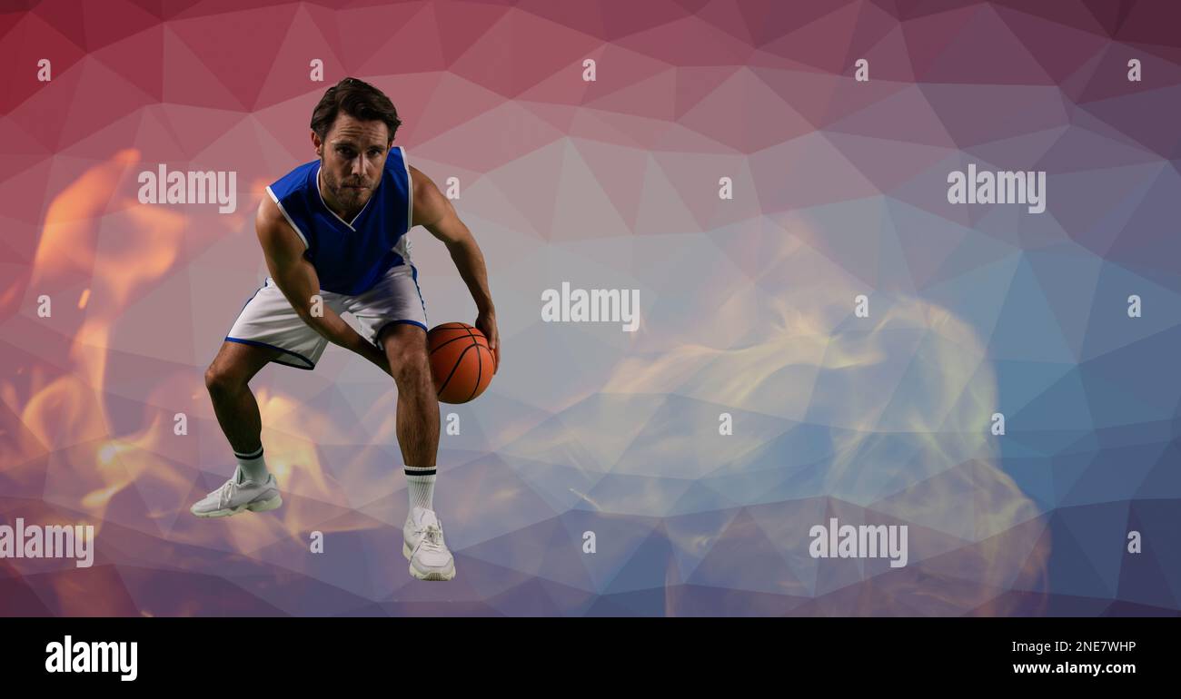 Composition of male basketball player with ball over smoke and flame on ...