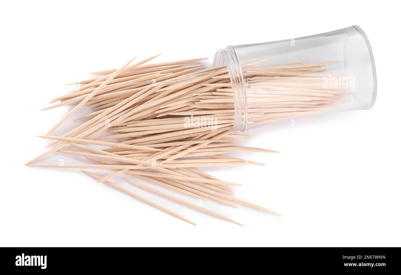 Wooden toothpicks and holder on white background, top view Stock Photo ...