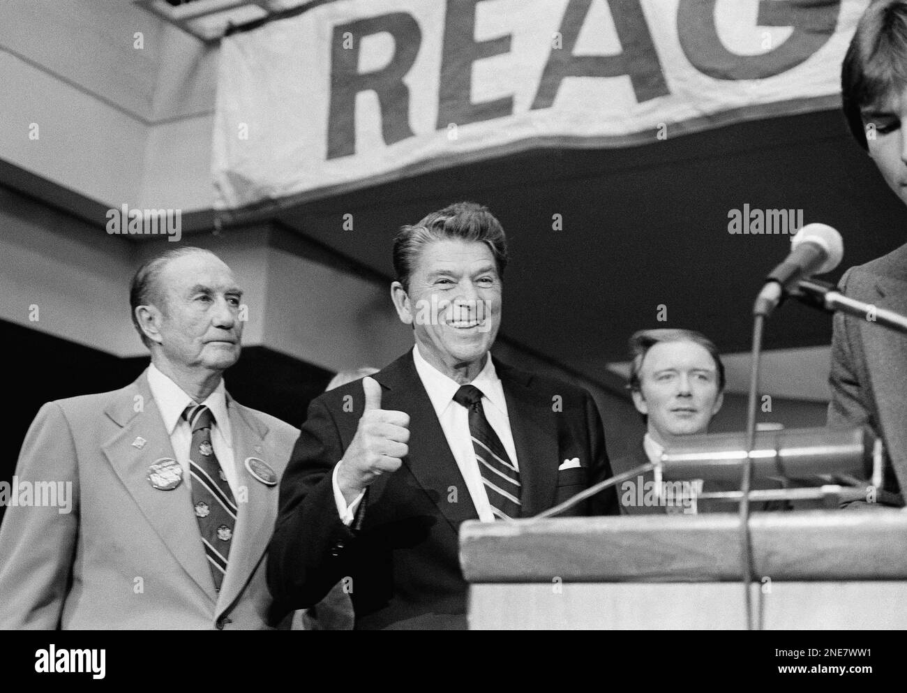 Republican presidential candidate Ronald Reagan gives a thumbs up sign ...