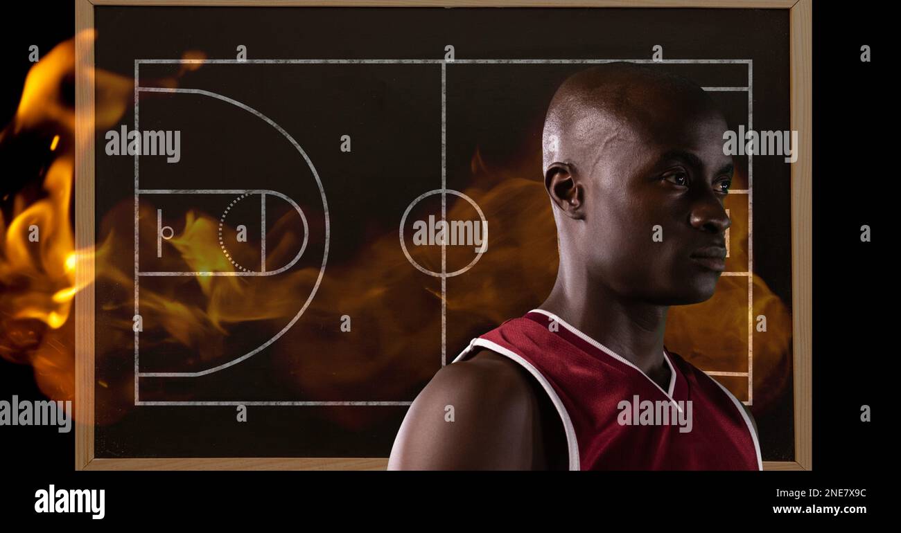 Composition of mixed race basketball player over basketball court with ...