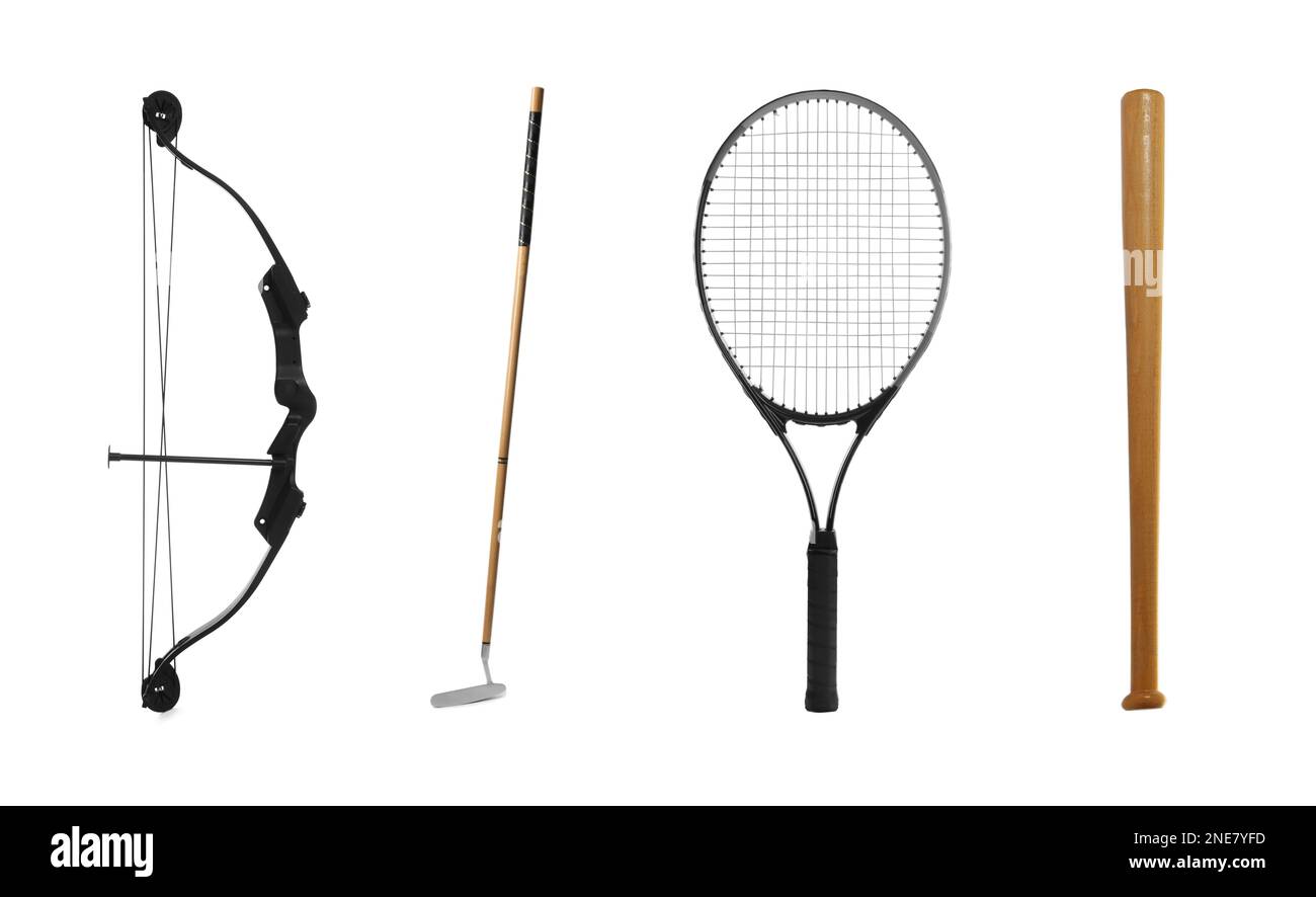 Set with different sports tools on white background Stock Photo - Alamy