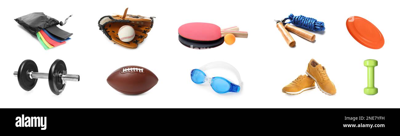 Set with different sports tools on white background. Banner design ...