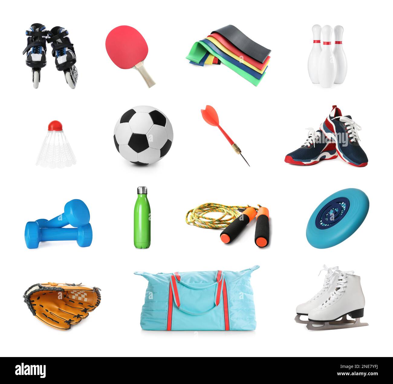 Set with different sports tools on white background Stock Photo - Alamy