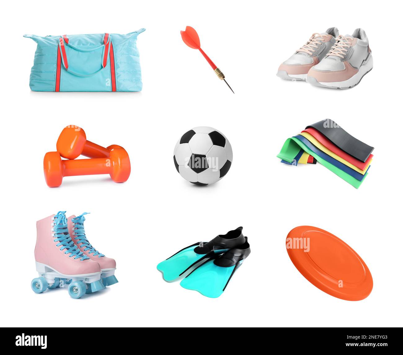 Set with different sports tools on white background Stock Photo - Alamy