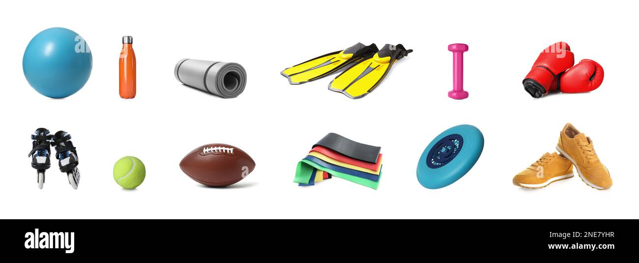 Set with different sports tools on white background. Banner design ...