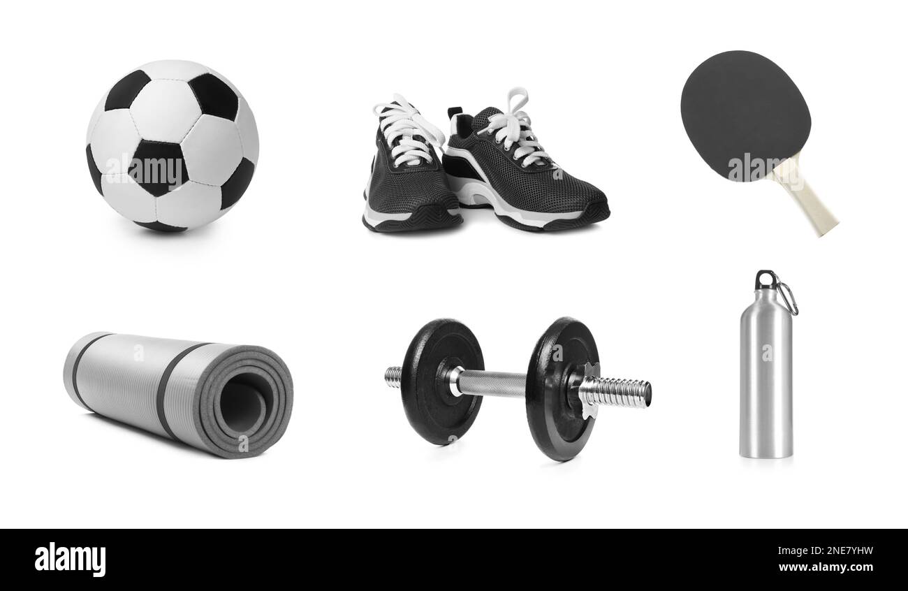 Set with different sports tools on white background Stock Photo - Alamy