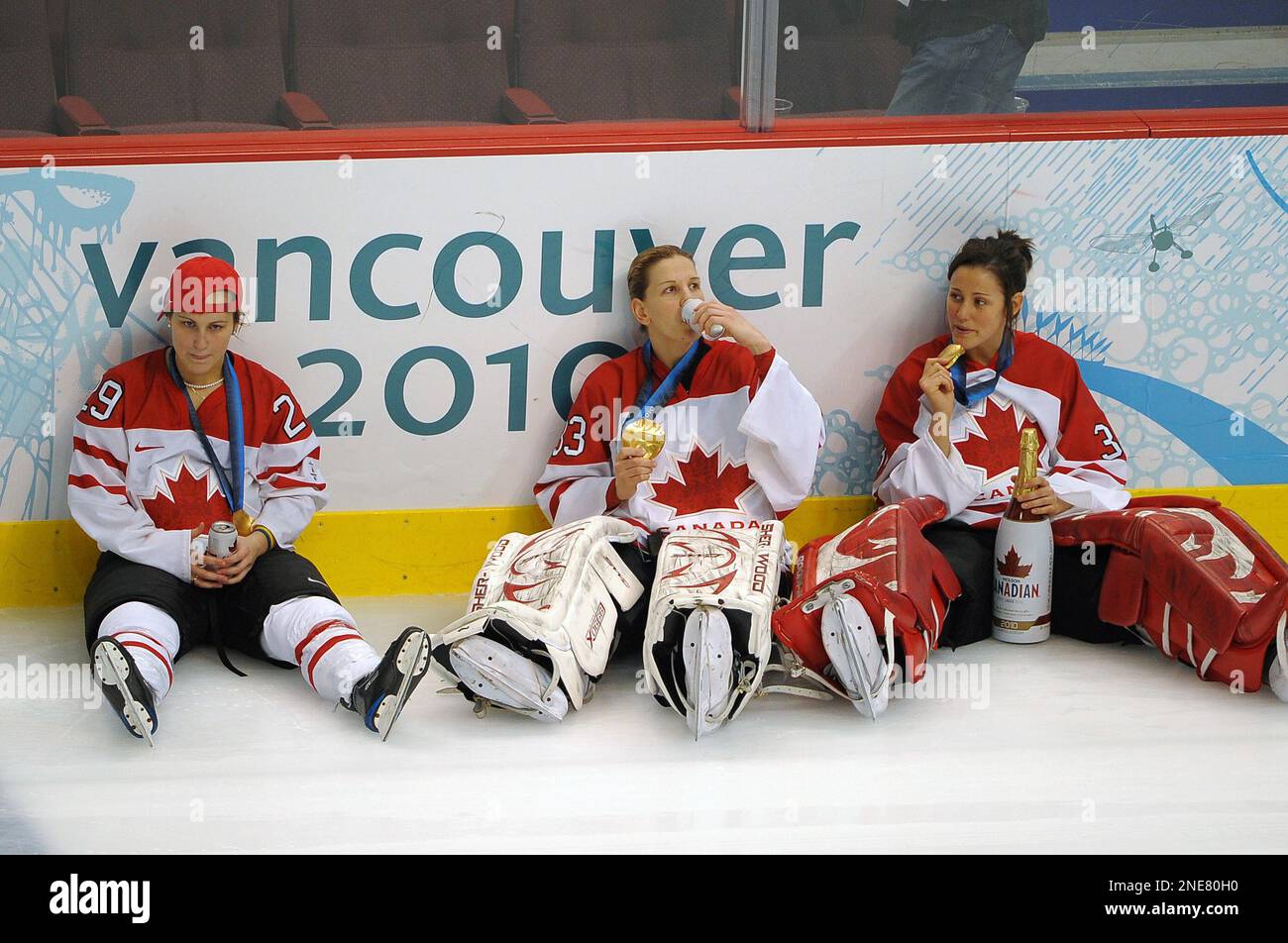 Canada's Marie-Philip Poulin, left to right, Kim St-Pierre and Charline ...