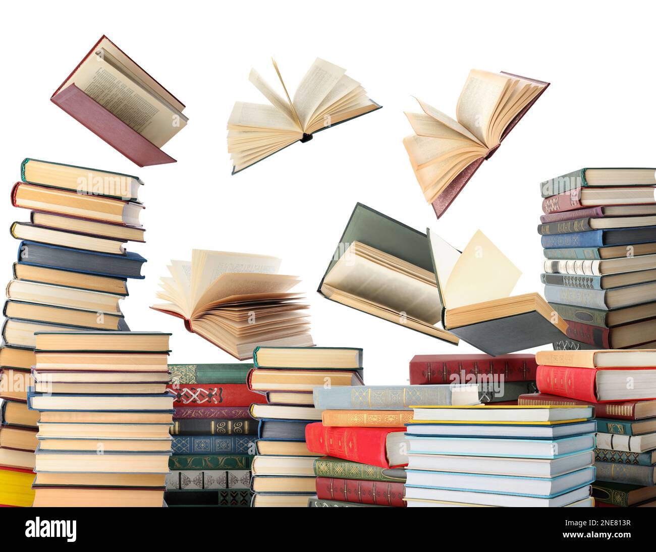 Stacked and flying books on white background, collage Stock Photo - Alamy