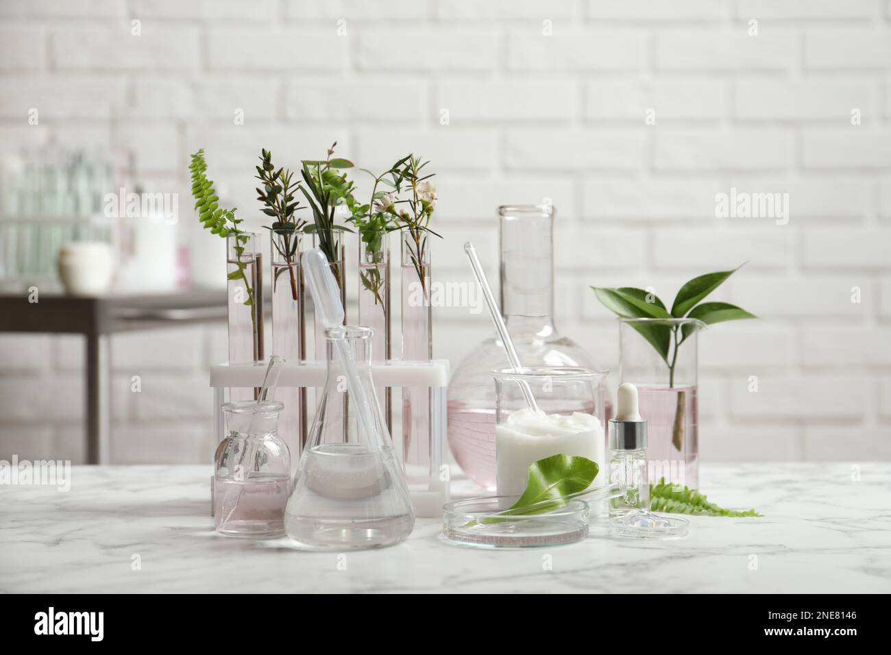 Natural ingredients and laboratory glassware for organic cosmetic ...