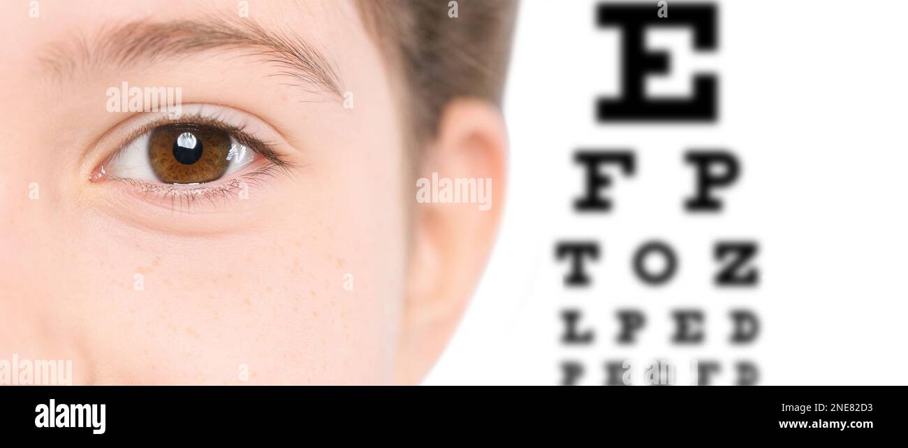 Closeup view of child and blurred eye chart on background, banner ...