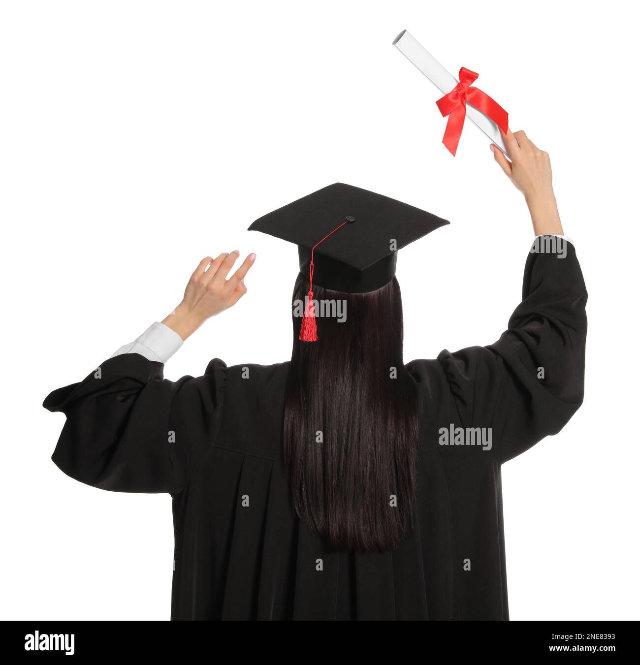 Student with graduation hat and diploma on white background, back view ...