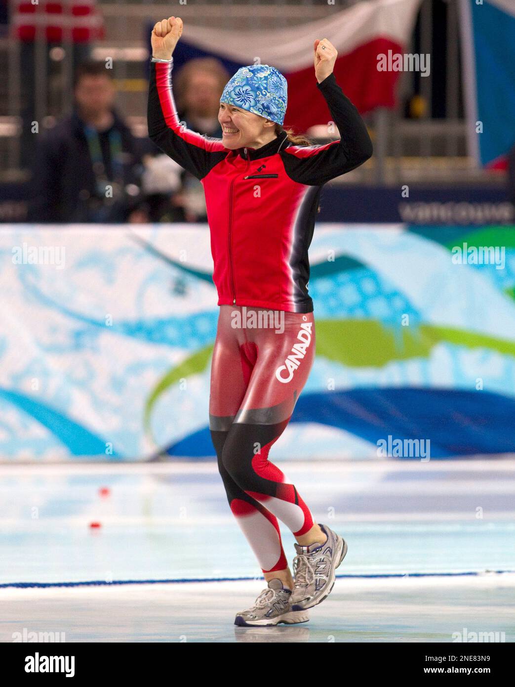 Canadian speedskater Clara Hughes,from Glen Sutton, Que. runs a victory ...