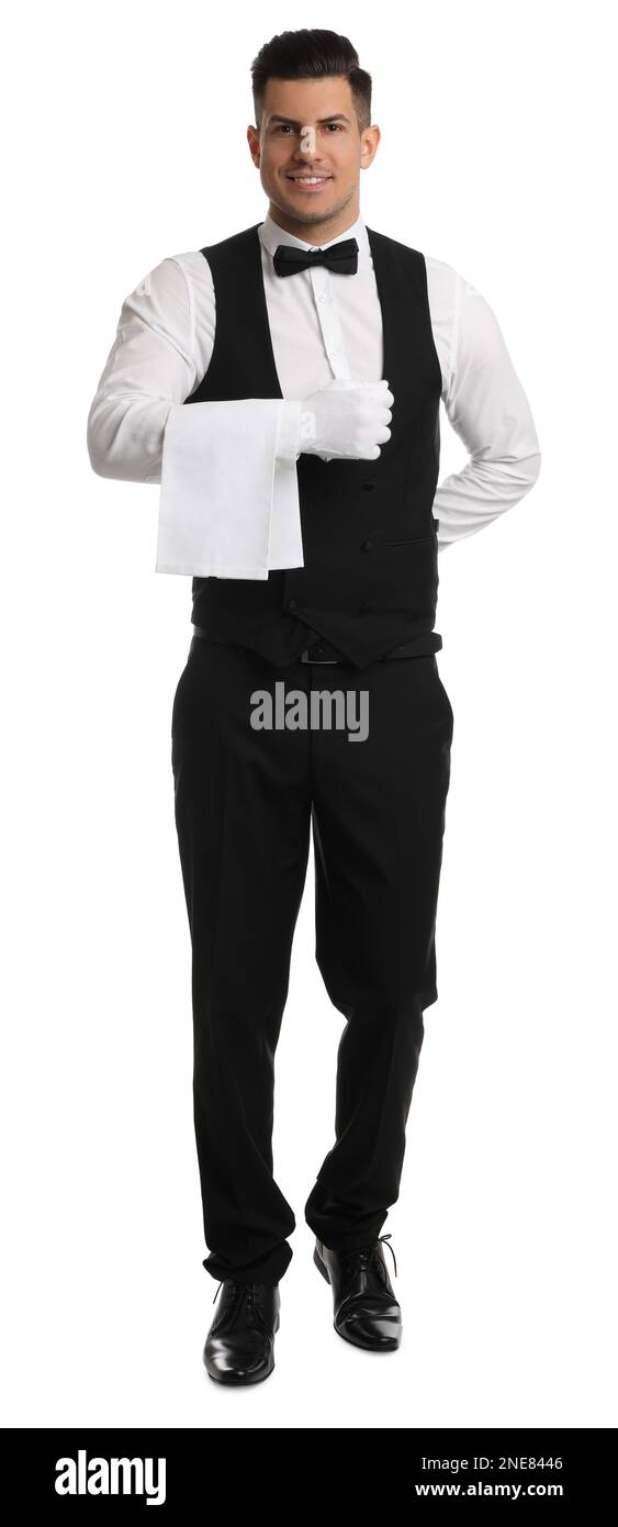 Handsome butler with towel on white background Stock Photo - Alamy
