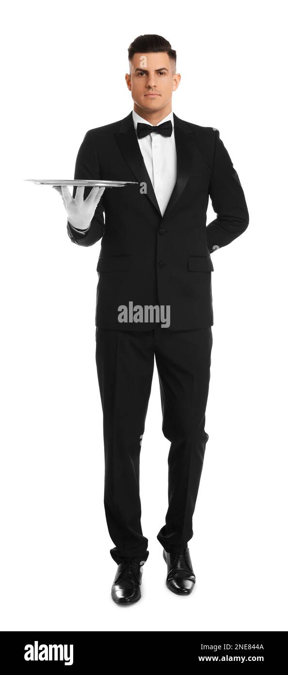 Elegant butler holding silver tray isolated on white Stock Photo - Alamy