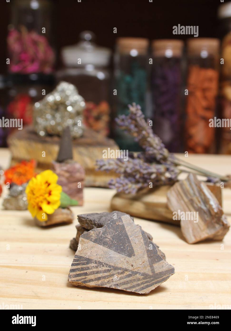 Ancient Native American Pottery Pieces With Crystals and Flowers on ...