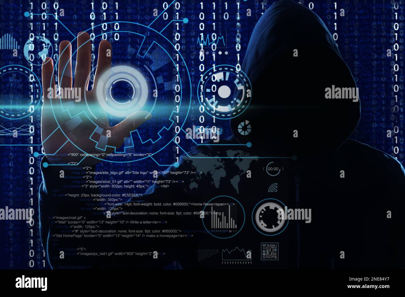 Man in hood and digital binary code on dark background. Cyber attack ...