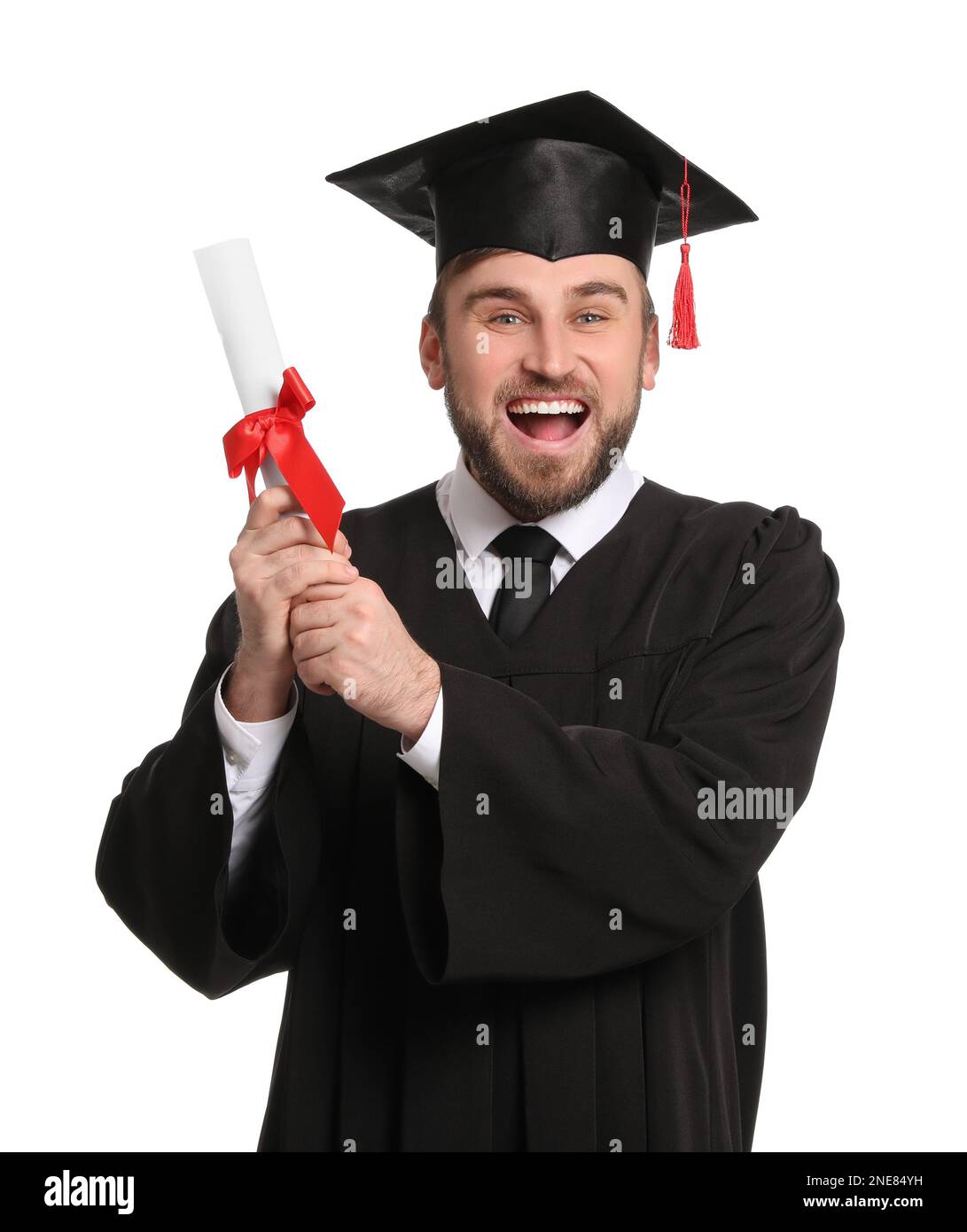 Emotional student with graduation hat and diploma on white background ...