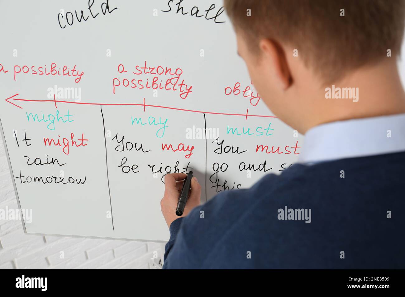 English teacher giving lesson on modal verbs near whiteboard, closeup ...