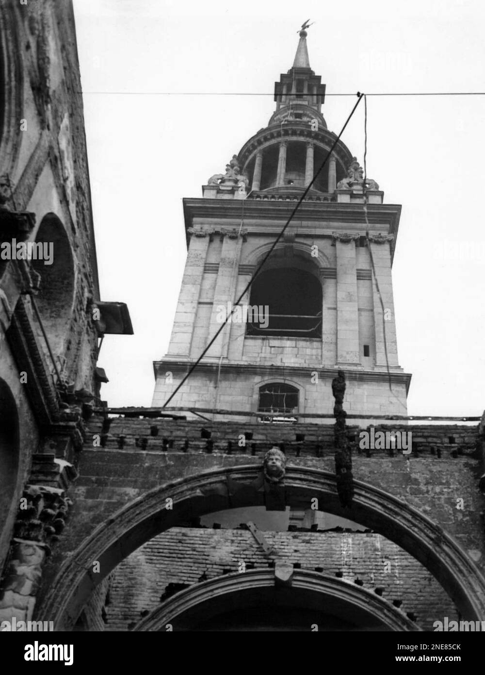 The gutted belfry and spire of London?s famous bow church, June 18 ...