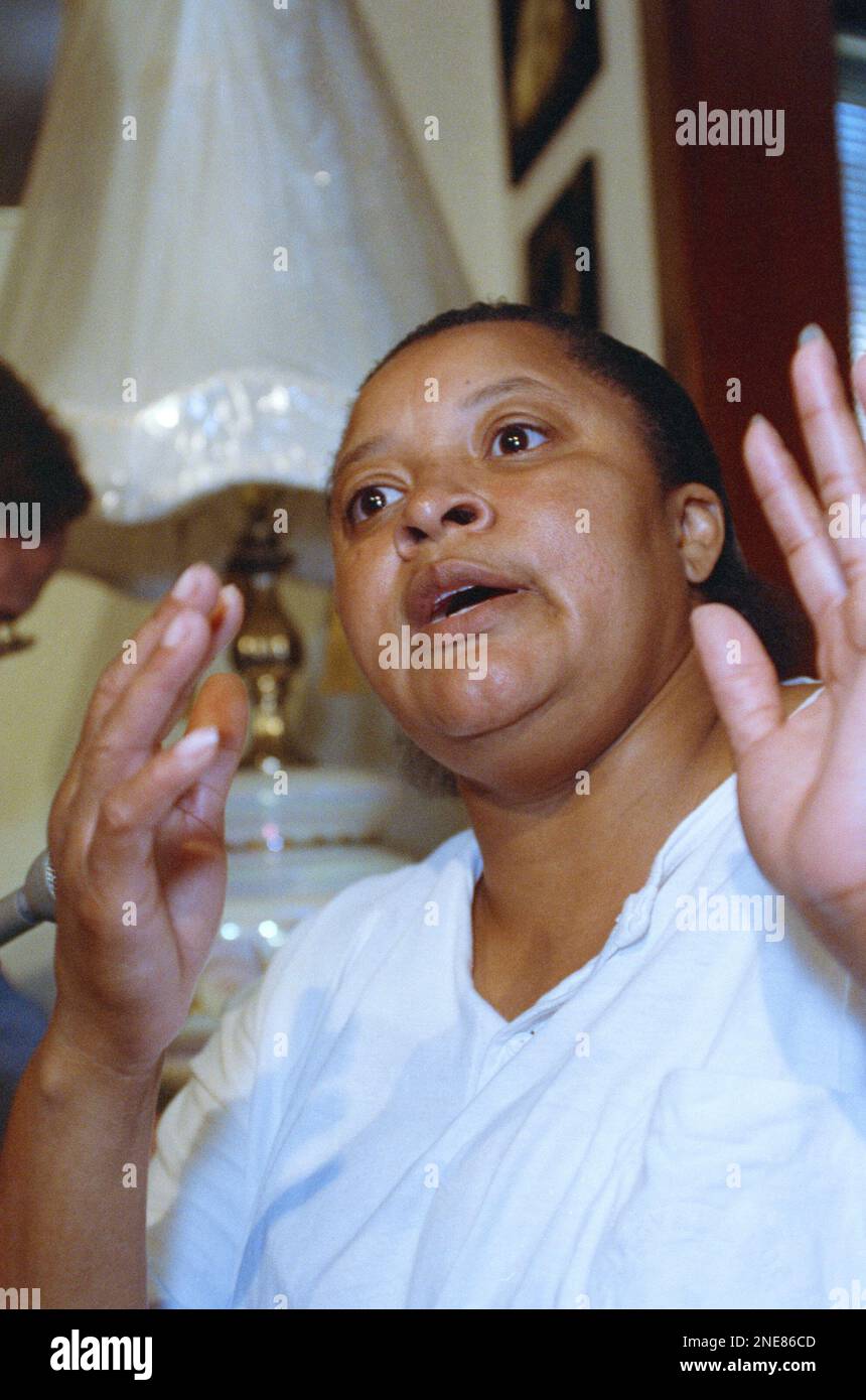 Catherine Lacy, of Milwaukee, talks to the press, July 25, 1991 in ...