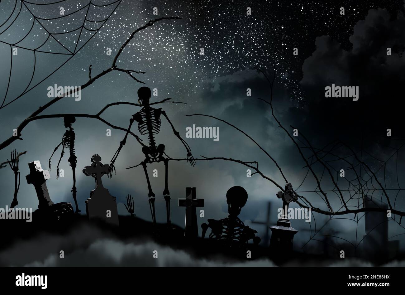 Scary skeletons at misty cemetery in night Stock Photo - Alamy