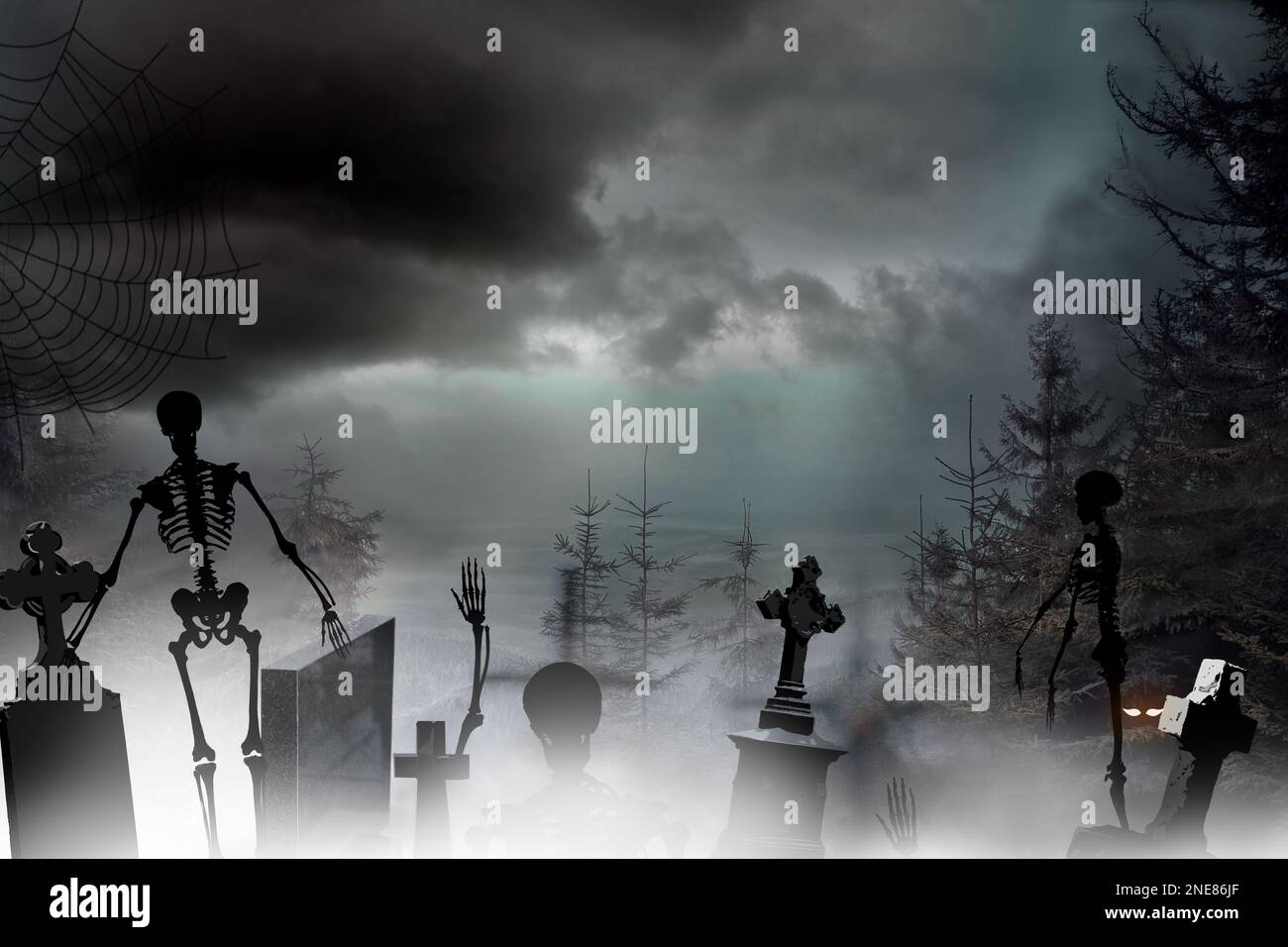 Scary skeletons at misty cemetery in night Stock Photo - Alamy