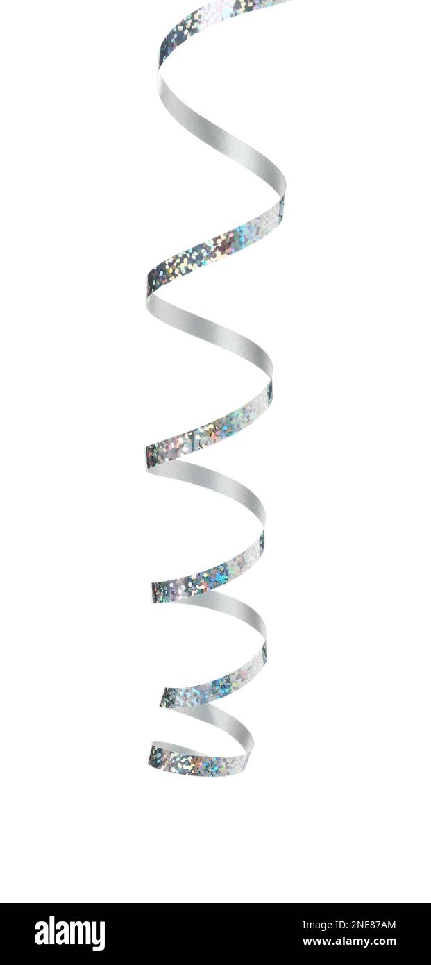 Shiny silver serpentine streamer on white background Stock Photo - Alamy