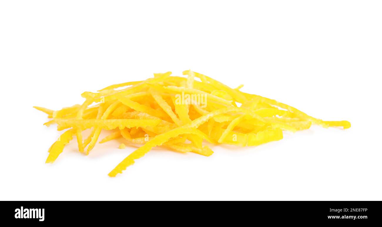 Fresh grated lemon zest on white background Stock Photo - Alamy