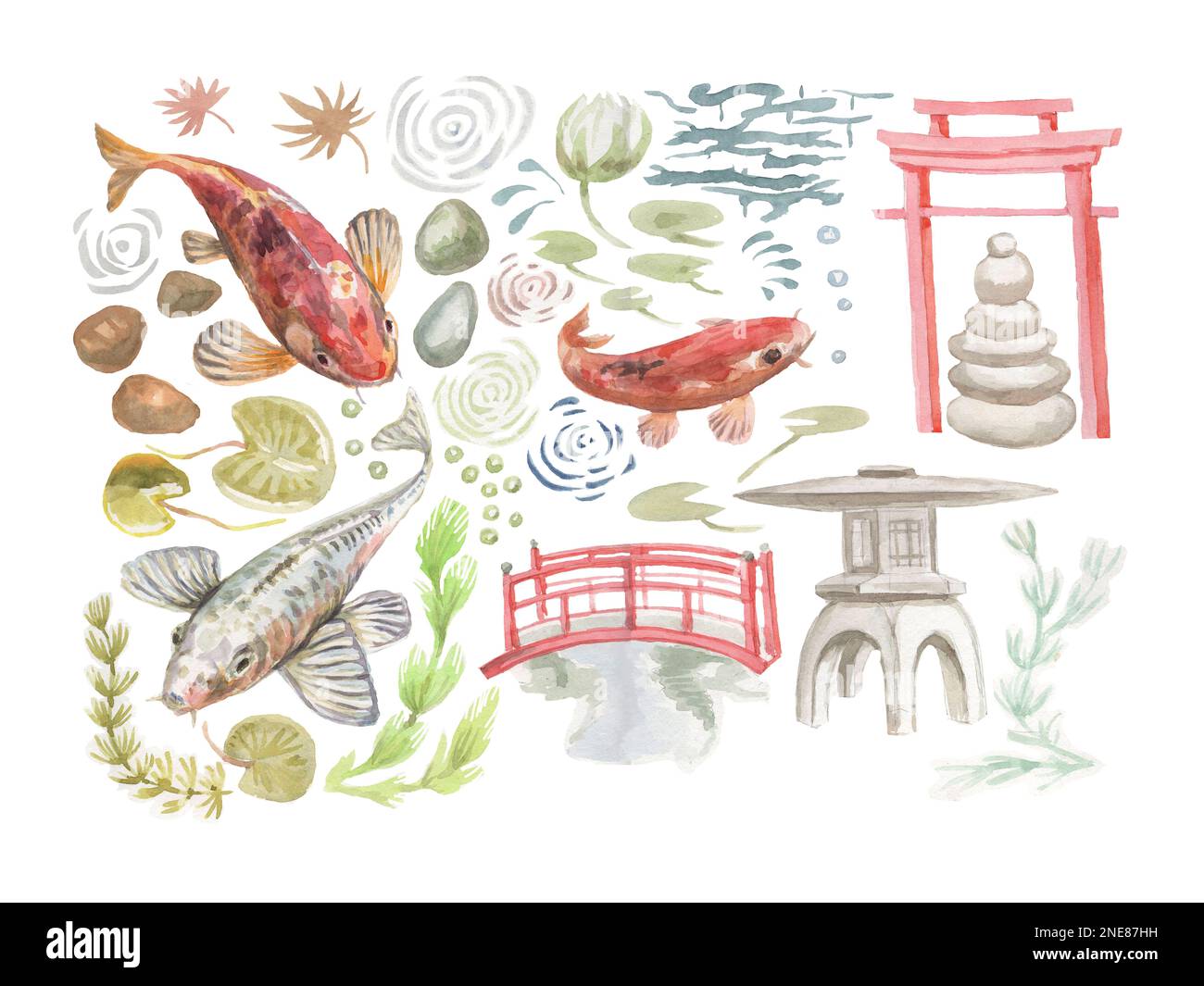 Koi fish Japanese garden pond stones lantern gate red rock garden ...