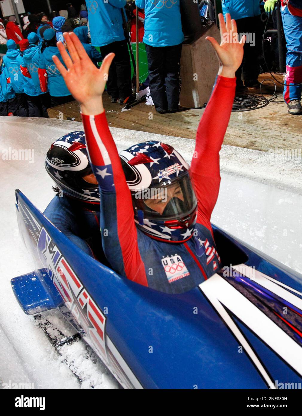 The United States' USA-2, piloted by Erin Pac, front, with brakeman ...