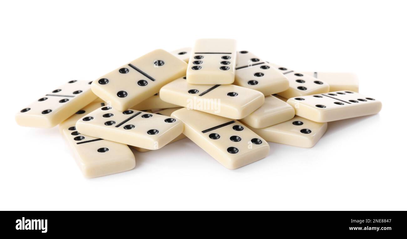 Pile of classic domino tiles on white background Stock Photo - Alamy