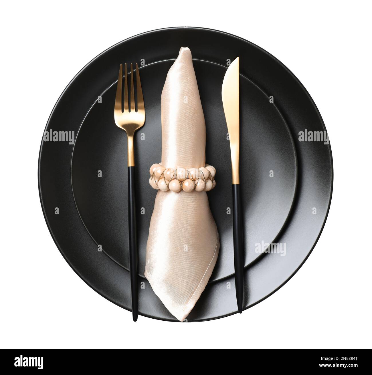 Plates with cutlery and napkin on white background, top view. Table ...