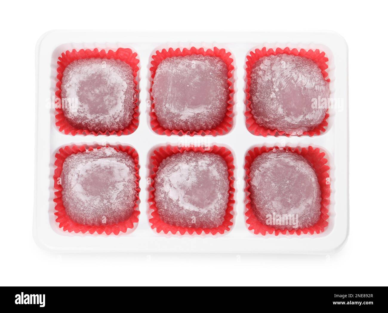 Delicious mochi in plastic tray on white background, top view ...