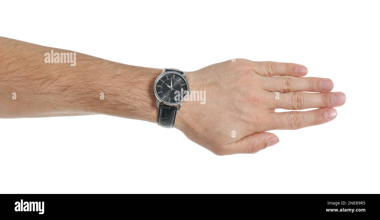 Man wearing luxury wrist watch on white background, closeup Stock Photo ...