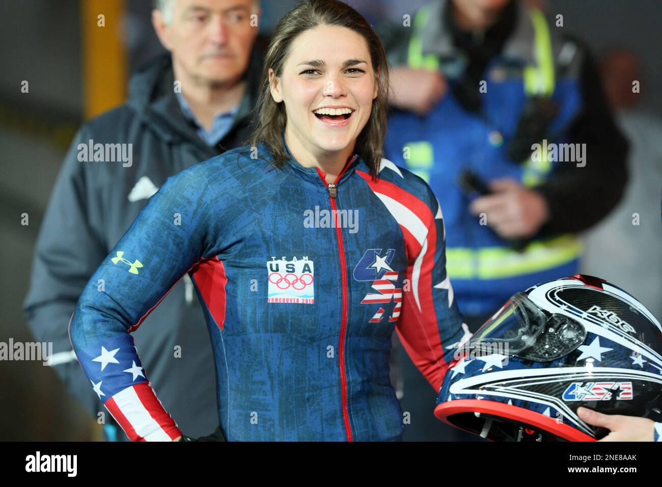 The United States' USA-3, brakeman Emily Azevedo, reacts in the finish ...