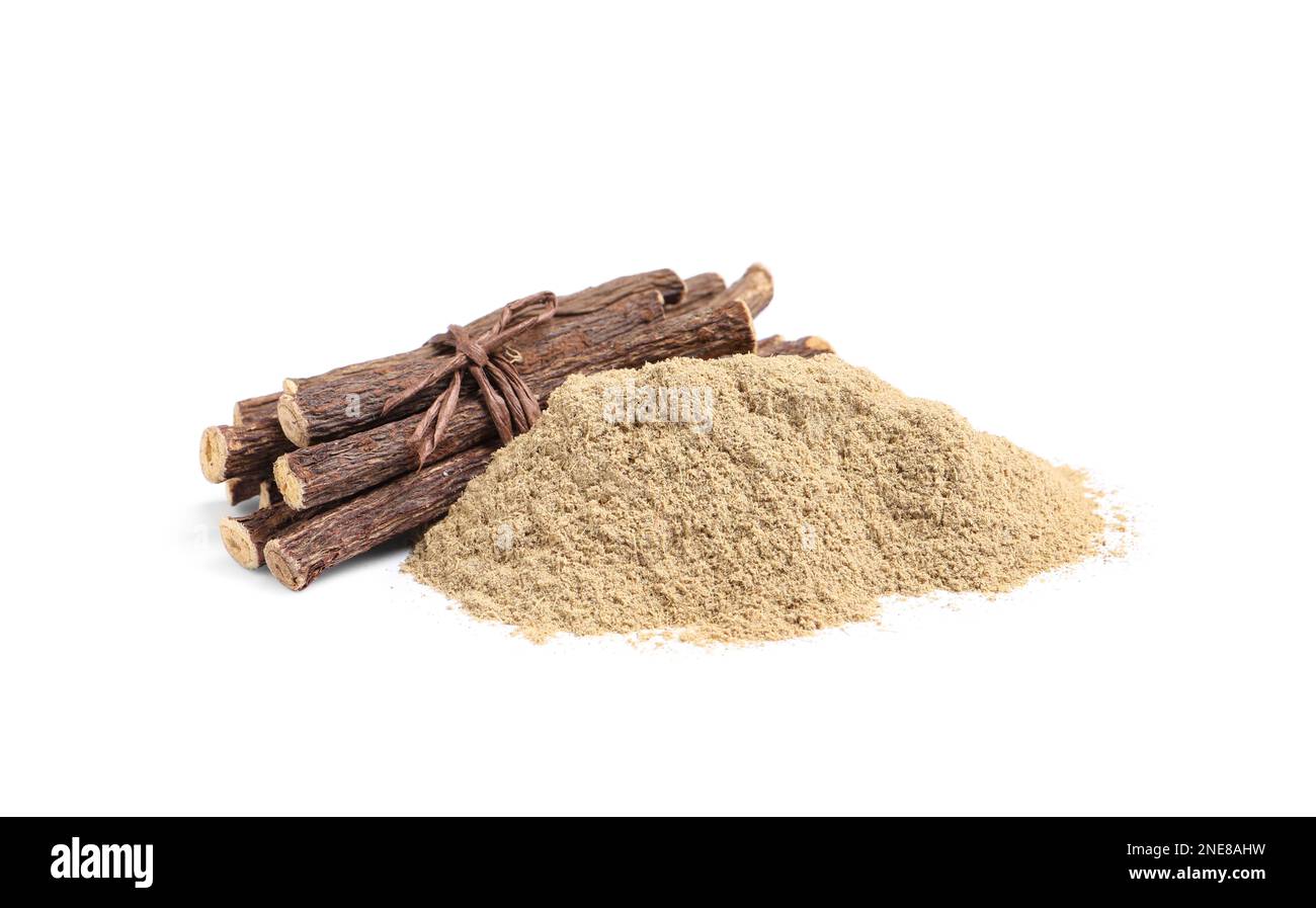 Dried sticks of liquorice root and powder on white background Stock ...