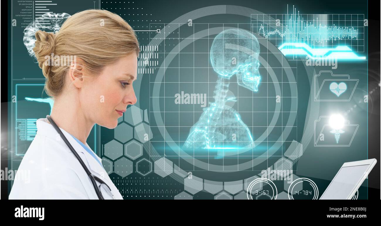 Composition of female doctor over screen with medical data processing ...