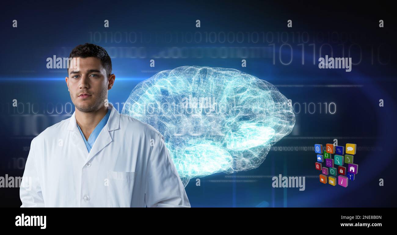 Composition On Male Doctor Over Screen With Digital Human Brain And Binary Coding Processing