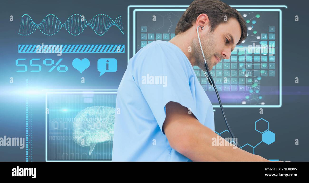 Composition of male doctor using stethoscope over dna strand and ...