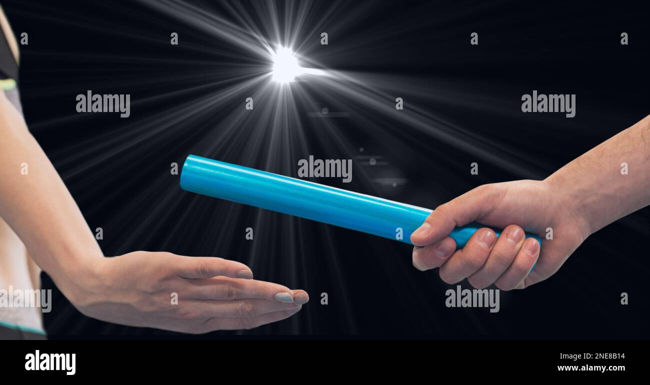 Composition of caucasian athletes passing green relay baton over black ...