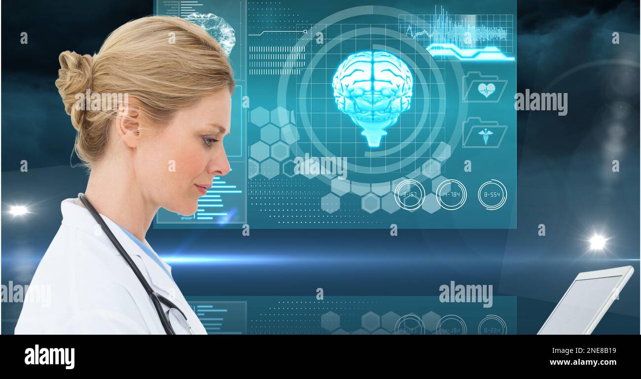 Composition of female doctor over screen human brain and medical data ...