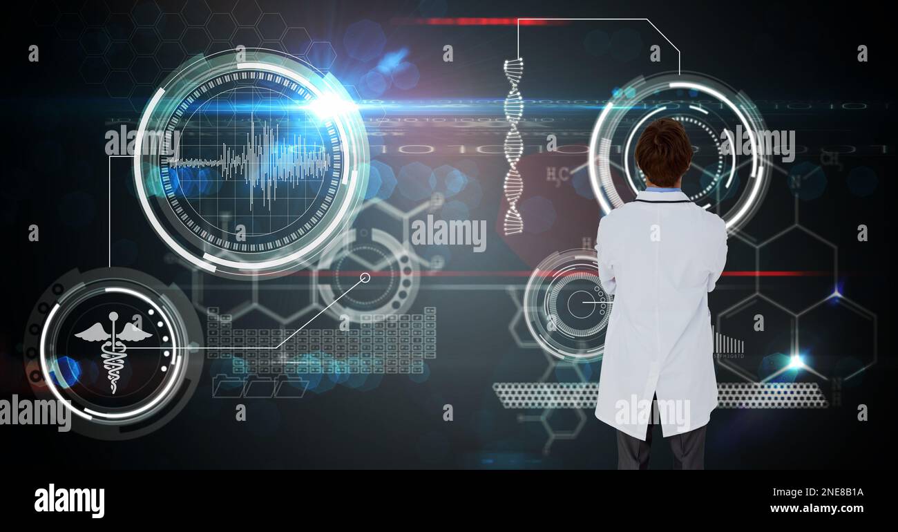 Composition of male doctor using virtual screen with medical icons ...