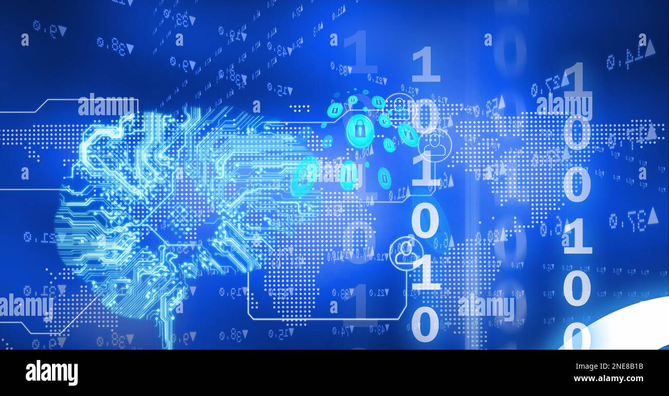 Composition Of Binary Coding Over Computer Circuit Board And World Map