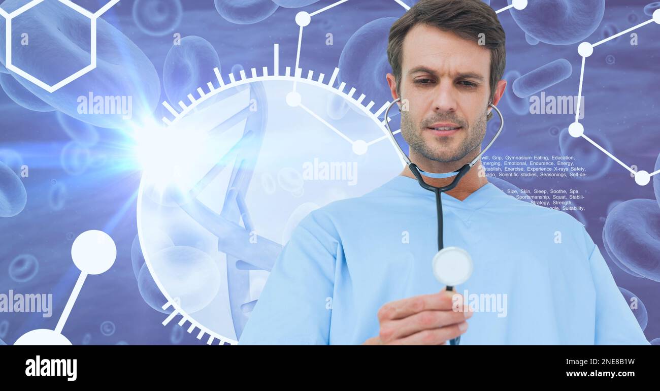 Composition of male doctor holding stethoscope with dna strand and ...