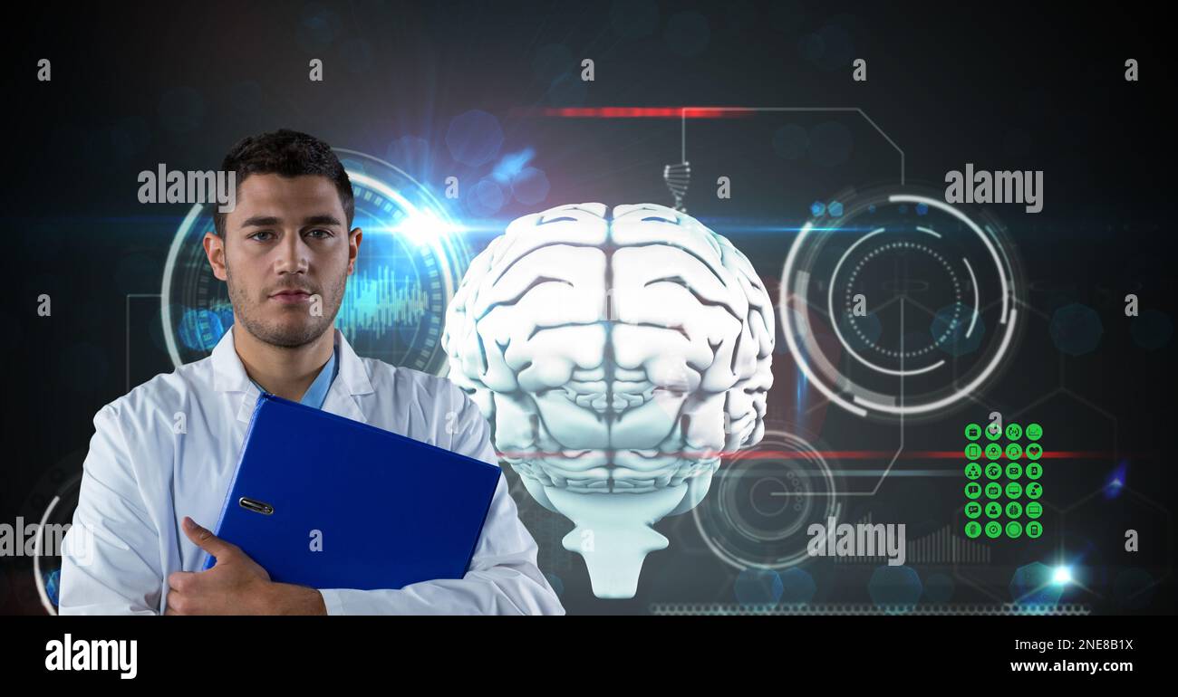 Composition on male doctor over screen with digital human brain and medical data processing ...