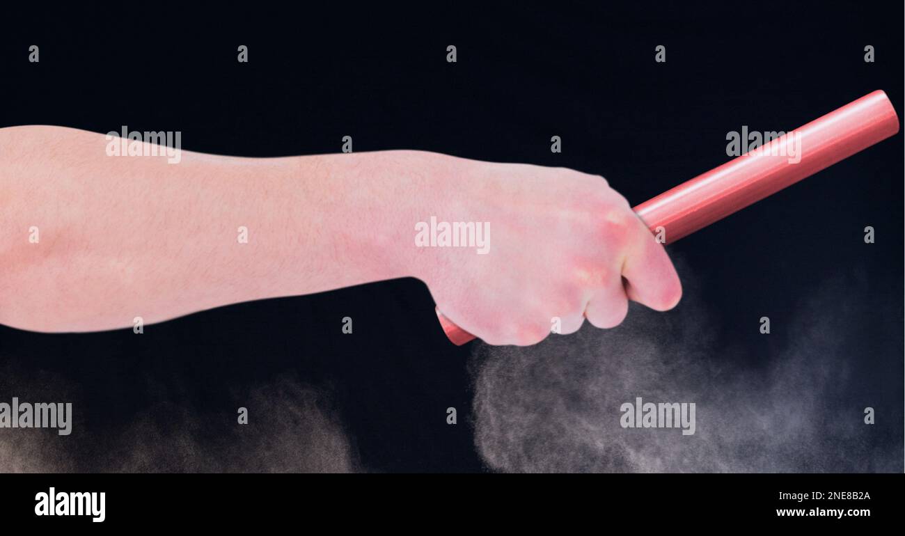 Composition of caucasian man athlete holding red relay baton with ...