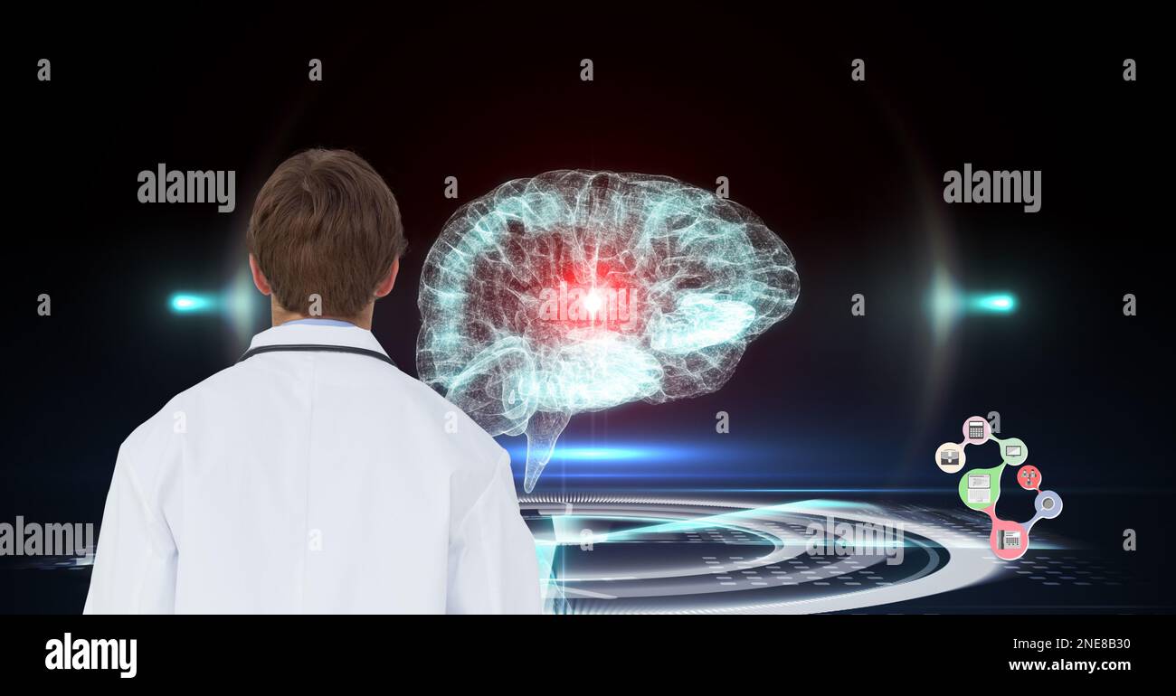 Composition on male doctor over screen with digital human brain and ...